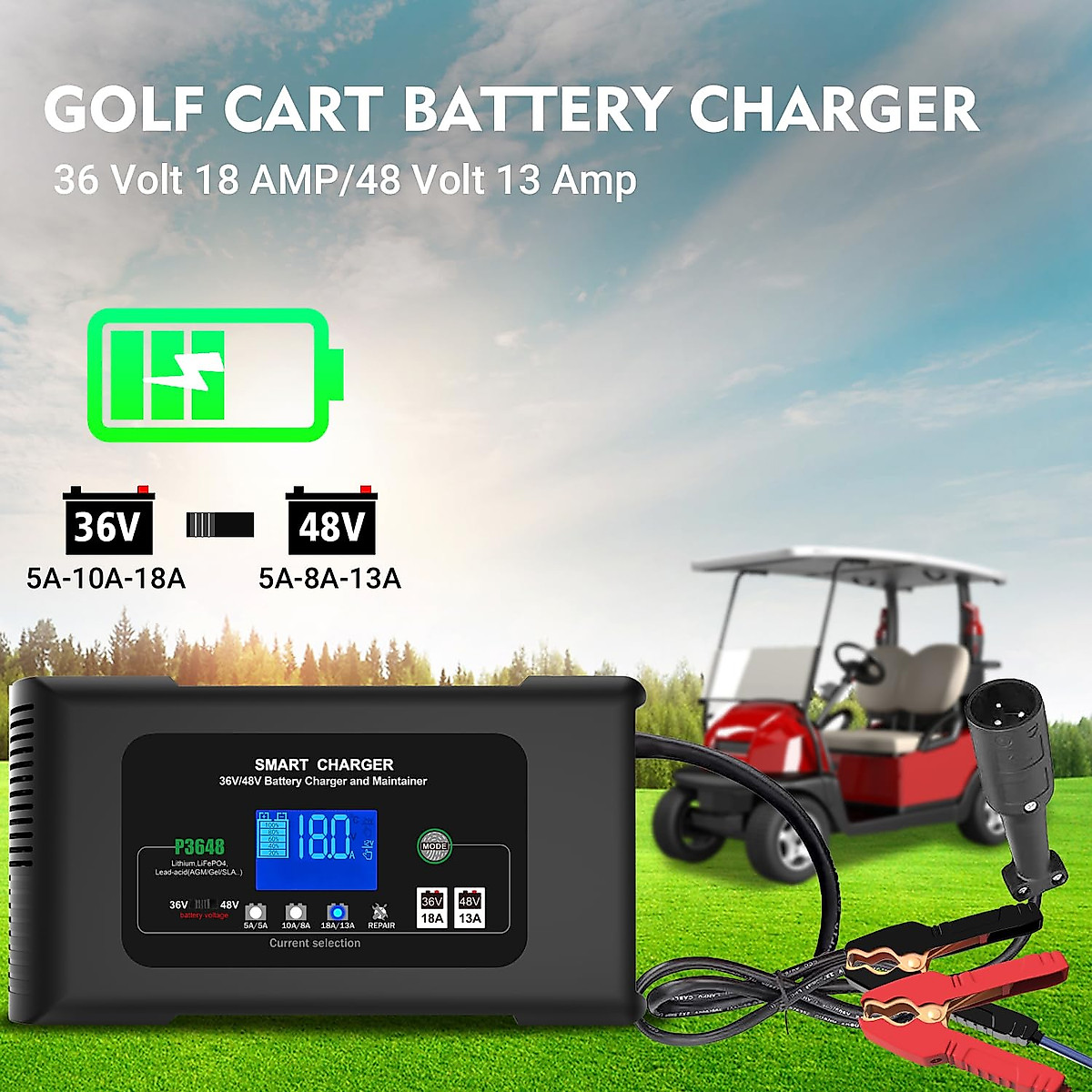Golf cart Battery Charger, 48V 13A and 36V 18A Trickle Battery Charger,48 Volt cart Golf Charger,for 48 Volt Club Golf Car,Lithium,LiFePO4,Lead-Acid AGM/Gel/SLA..Battery Charger,3 Pin Round Plug