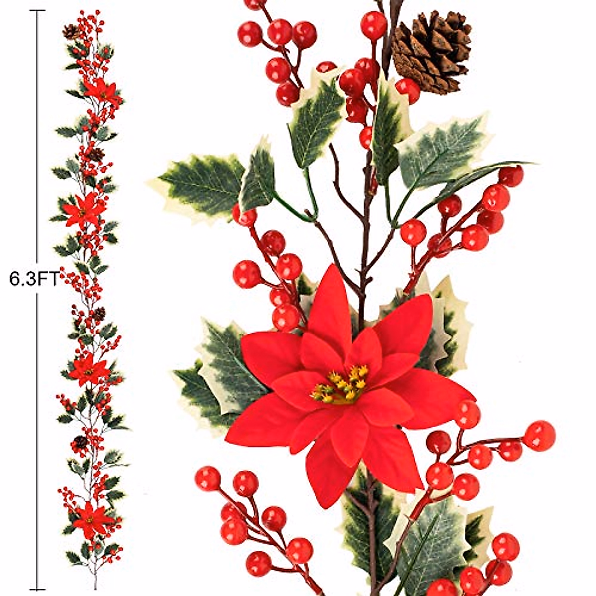 Mocoosy 6.3FT Red Berry Christmas Garland with Pine Cones and Poinsettia, Artificial Berries Garland Poinsettia Christmas Decorations for Indoor Outdoor Fireplace Winter Holiday Xmas Home Decor