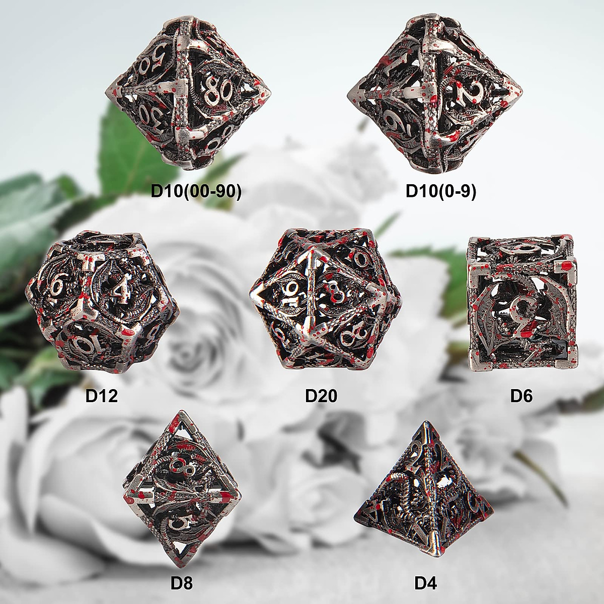 DND Dice,Hollow D&D Metal Dice,Dungeons and Dragons Dice Set with Gift Box,7 PCs Steampunk Polyhedral Dice Games Set for RPG,MTG,Pathfinder,(Dragon Blood Spattered)