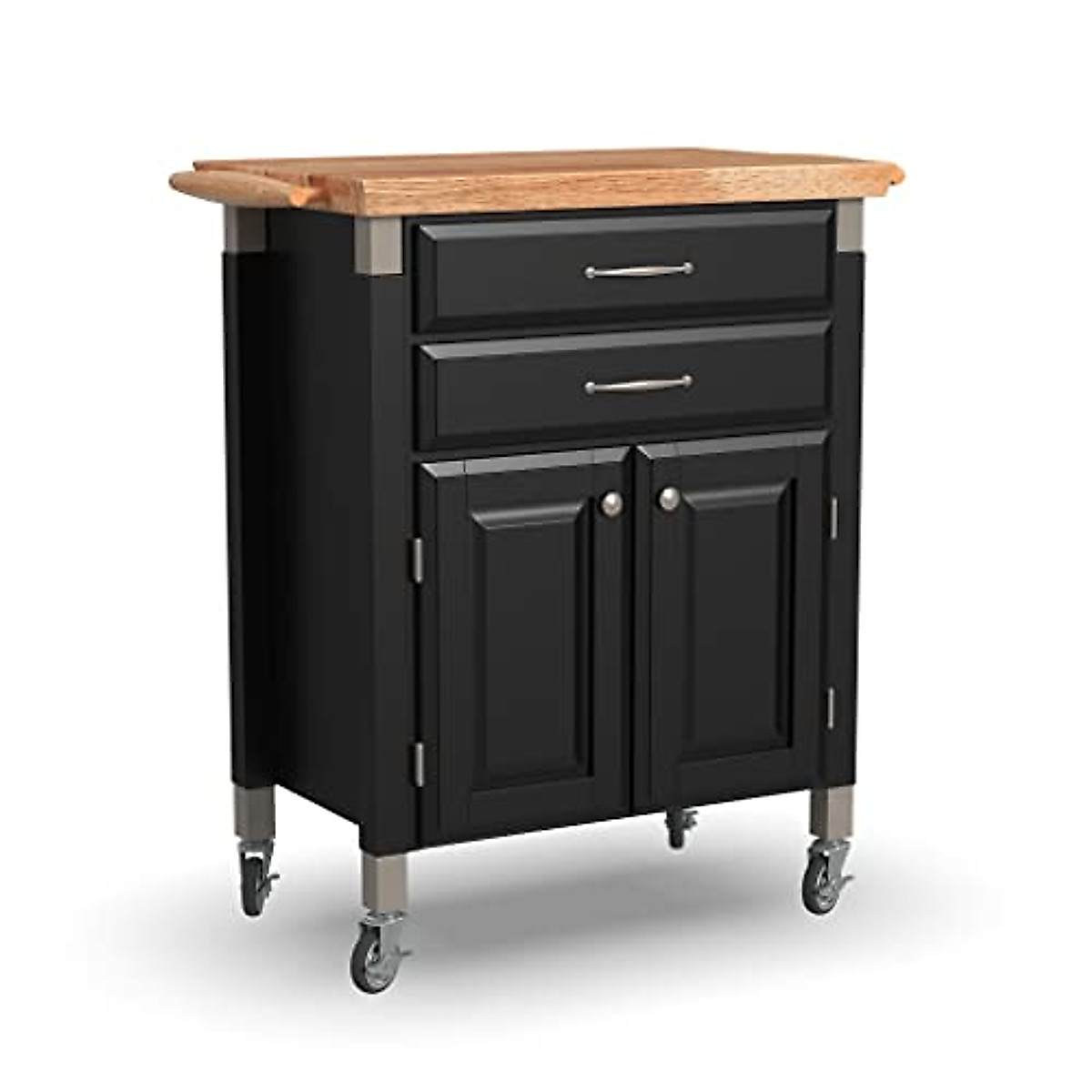 Home Styles Black Dolly Madison Prep and Serve Kitchen Cart with Natural Top, Locking Casters, Two Drawers, Two Storage Cabinets