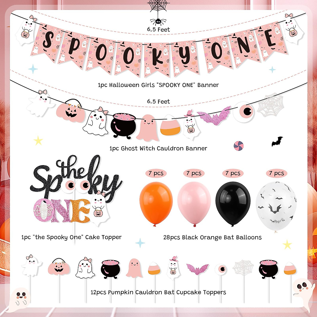 Girl Halloween 1st Birthday Party Decor Halloween Spooky One Banner Cute Ghost Cake Topper Balloon for Halloween Theme Little Boo First Birthday Happy Boo Day Baby Shower The Spooky One Party Supplies