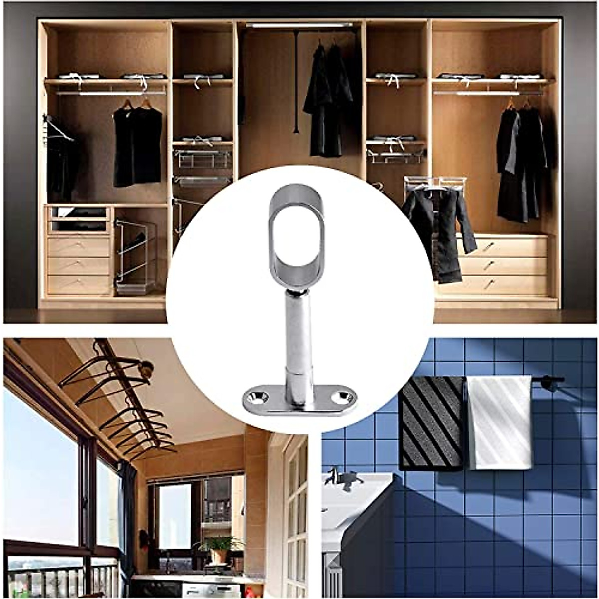 Yinpecly 0.63" x 1.18"(WxL) Zinc Alloy Oval Closet Rod Support Bracket Without Screws for Wardrobe Cupboard Clothes Hanging Silver Tone 4pcs