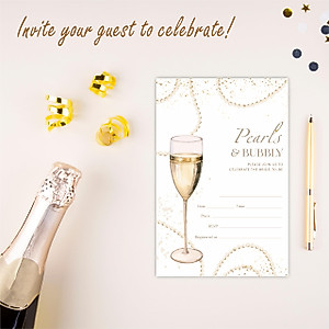 YKYENR Bridal Shower Invitations - Pearls & Bubbly - 4 x 6 Inches Invites (25 Cards & Envelopes) For Wedding Showers, Newlyweds Parties And Receptions - A08