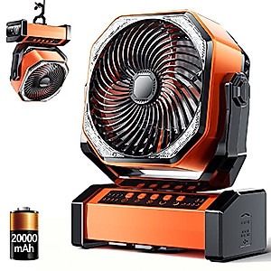 Camping LED Fan with Light, 20000mAh Rechargeable Battery Powered Outdoor Tent Fan with Light and Remote, 4 Speed, Personal USB Desk Fan for Camping, Fishing,Power Outage,Hurricane, Worksite