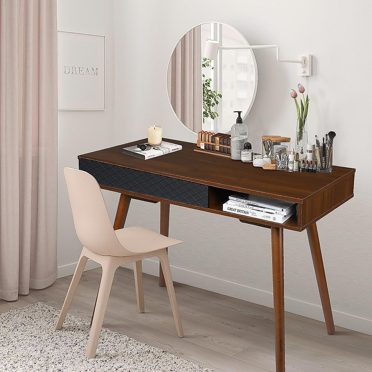 GAOMON Modern Home Office Writing Desk, 42 Inch Computer Table Desk with Drawers, Simple Mid Century Modern Desk, Walnut