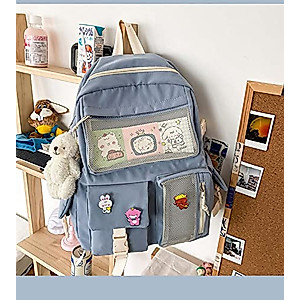 Kawaii Backpack Aesthetic Laptop Bag Large Capacity School Bag 17in Cute Bookbag Backpacks for Girls with Badge&Cute Pendant Blue2