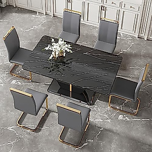 JUFU Modern Dining Table Set for 6,Rectangula Kitchen Table Set with Faux Marble Tabletop＆6 Pu Leather Upholstered Chairs Ideal for Dining Room, Kitchen, Grey-golden Legs