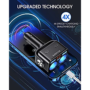USB C Car Charger, BUVAYE 2-Socket Cigarette Lighter Splitter with 12V/24V Dual PD30W & QC3.0 Fast Charging, Cigarette Lighter Adapter Separate Switch LED Voltage Display for Phone, GPS, Dash Cam