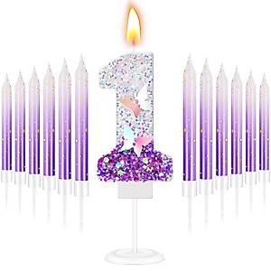 Amylove Purple Butterfly Number 1 Birthday Candle for Cake with 6 Long Thin Cupcake Candles Girls Sparkling Candles Sequin Glitter Purple Candle for Women Girl Anniversary Wedding