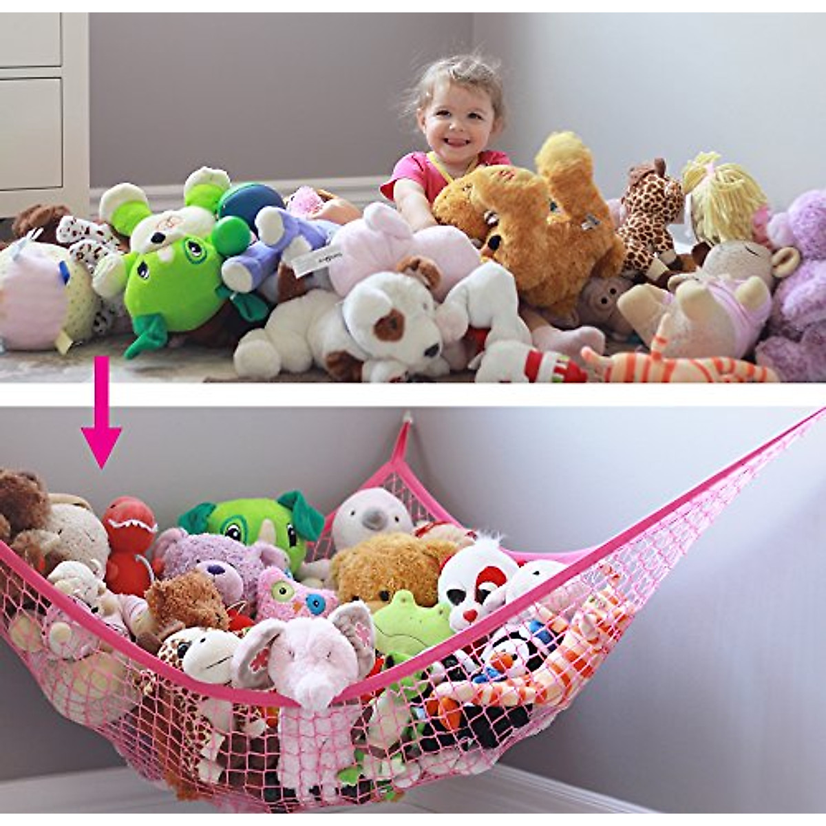 MiniOwls Toy Storage Hammock Plush Toy Organizer for Kids – Fits 20-30 Soft Teddies, Girl’s Bed or Playroom Decor (Pink, Large)