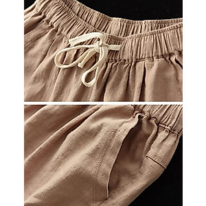 Kangqifen Summer Linen Cotton Casual Crop Pants with Drawstring Elastic Waist Pockets for Women Teen Girl(Khaki,00-0)