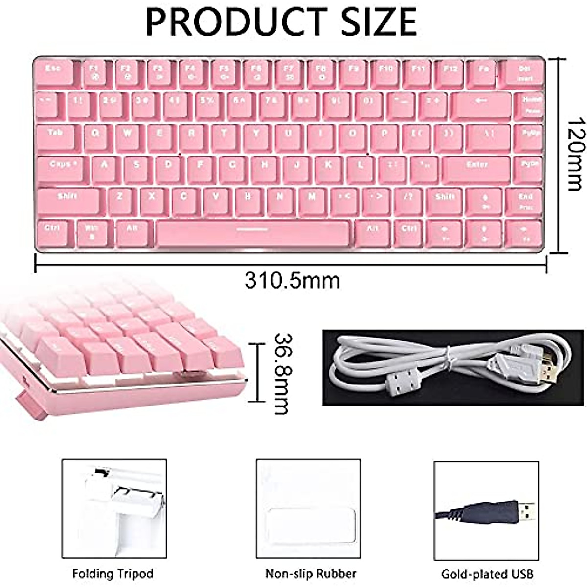 FELICON Pink Mechaincal Gaming Keyboard and Mouse Pad Combo Blue Switches USB Wired White Backlit Compact 82 Keys Anti-ghosting,Compatible with Windows PC Laptop Mac Game Office