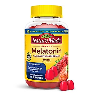 Nature Made Melatonin 10mg per serving Gummies, Maximum Strength Dosage, 100% Drug Free Sleep Aid for Adults, 60 Melatonin Gummies, 30 Day Supply