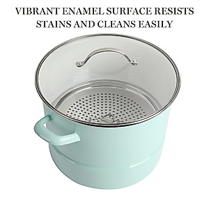 Martha Stewart Thayer 16-Quart Enamel On Steel Scratch Resistant Steamer Stock Pot w/Stainless Steel Insert - Martha Blue