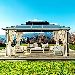 Aoxun 10'x13' Hardtop Gazebo, Outdoor Polycarbonate Double Roof Gazebo with Aluminum Frame Permanent Pavilion and Curtains & Netting for Backyard, Patio, Deck, Parties (Brown)