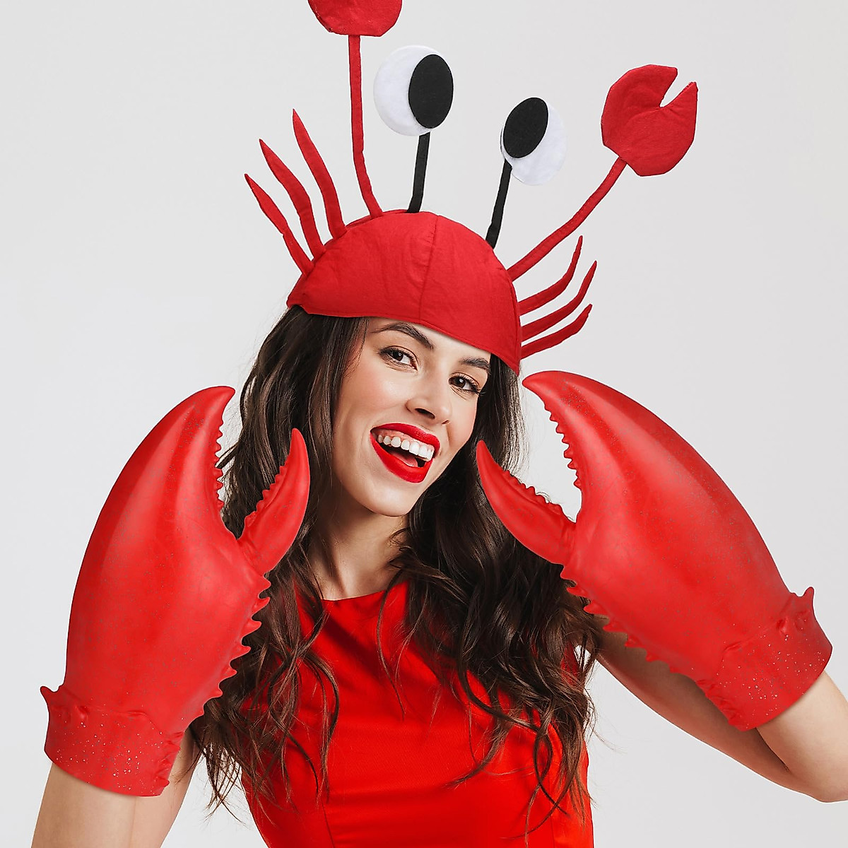 Newcotte 2 Pcs Halloween Crab Lobster Costume Set Funny Hat Latex Giant Crab Claws Gloves for Men Women Cosplay Party(Crab Style)