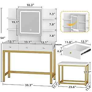 DWVO 39.5 W Vanity Desk Set, Makeup Table with LED Lighted Mirror and Power Outlet, Adjustable 3 Lights Modes, Vanity Table with Stool and Hidden Storage Shelves, 3 Drawers with for Girls Gift, White