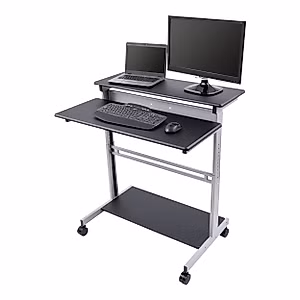 Stand Up Desk Store Rolling Adjustable Height Two Tier Standing Desk Computer Workstation (Silver Frame/Black Top, 40" Wide)