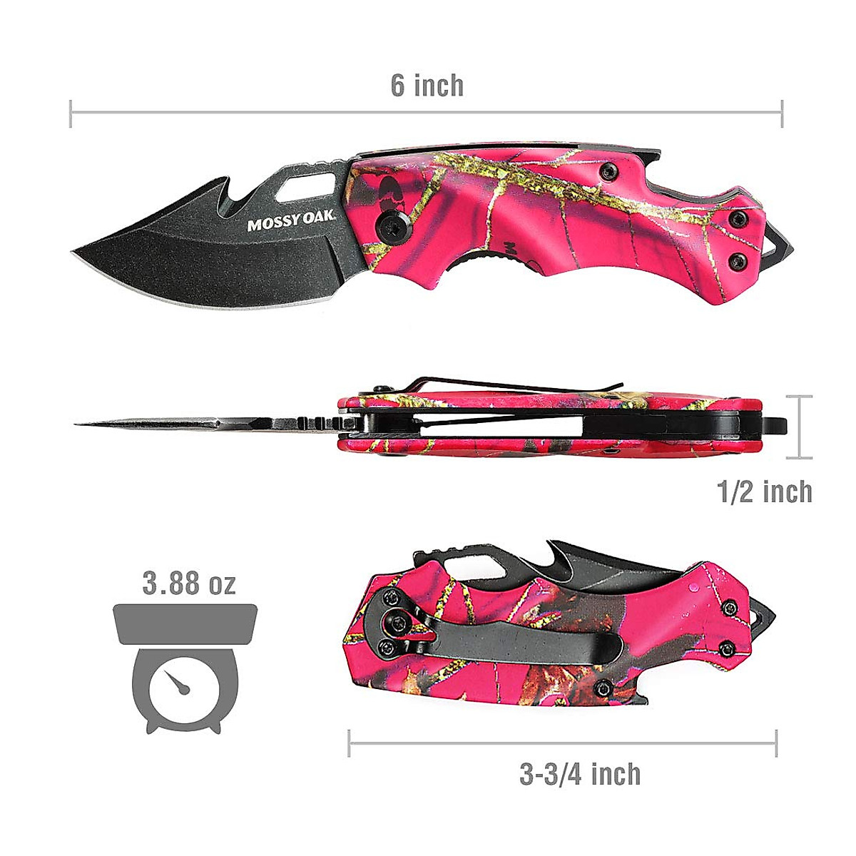 Mossy Oak Mini Folding Pocket Knife, Stainless Steel Drop Point Blade - EDC Multi-tool with Bottle Opener and Glass Breaker (Pink Camo)