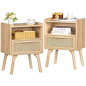 Lerliuo Rattan Nightstands Set of 2, Boho Side Table with Drawer Open Shelf, Cane Accent Bedside End Table with Solid Wood Legs for Bedroom, Dorm and Small Spaces (Natural)