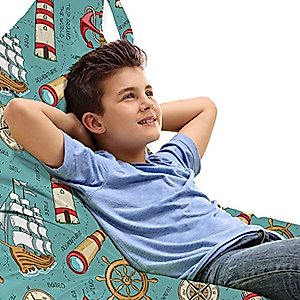 Lunarable Nautical Lounger Chair Bag, Vintage Sailing Theme Ship Boat Steeling Wheel Anchor Ocean Free Travel Summer, High Capacity Storage with Handle Container, Lounger Size, Multicolor