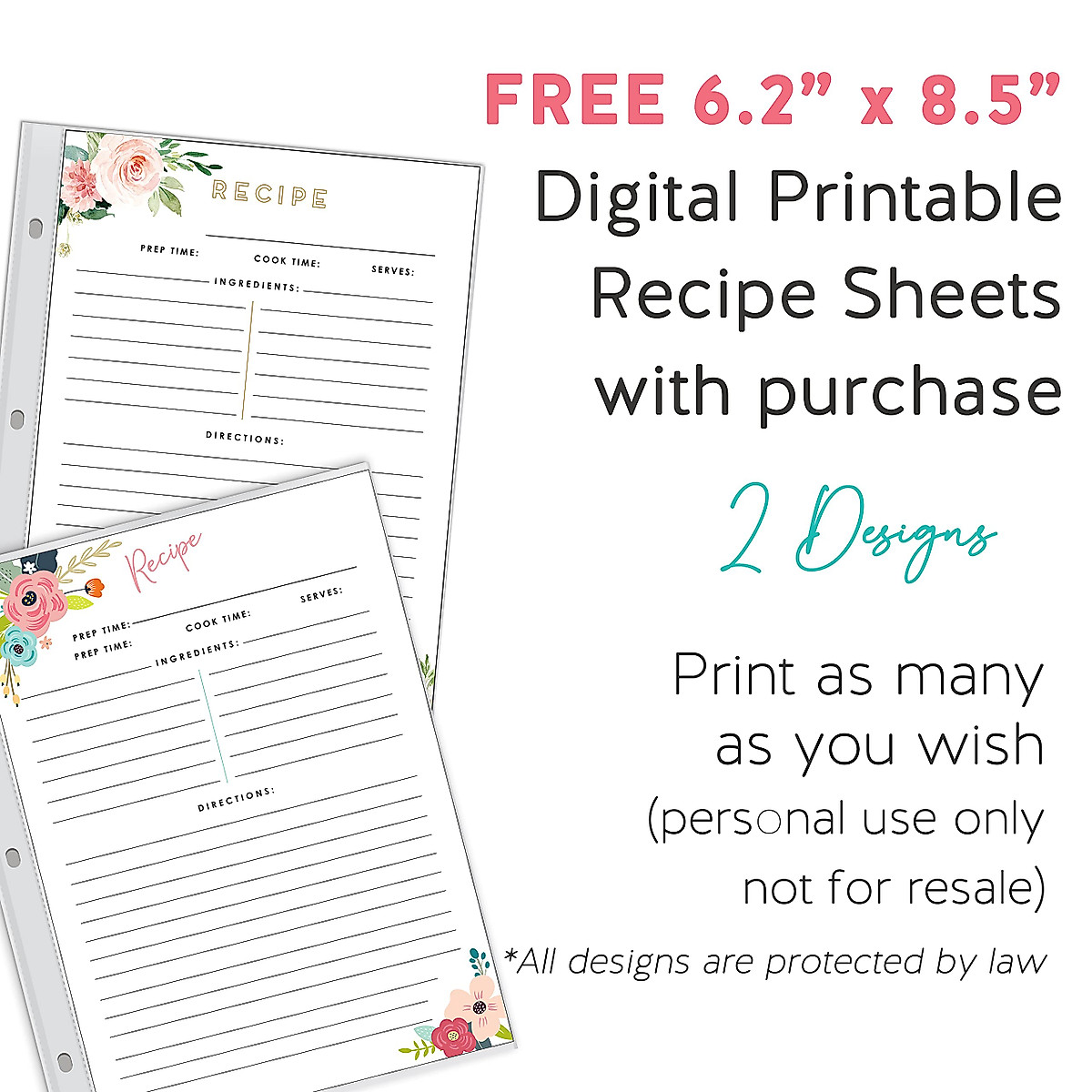 Recipe Binder Page Protectors for 8.5 x 9.5 inch Binders. Holds 50 Protective Sleeves That Hold 6.5" x 8.5" Full Recipe Cards, Heavyweight Crystal Clear Plastic Archival Sleeves, Heartstrings Studio