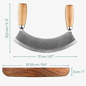 Navaris Cutting Board & Mezzaluna Knife - Wooden Chopping Board & 2-Bladed Curved Herb Cutter - Round Acacia Wood Board & Double Blade Rocker Chopper