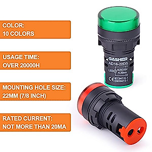 GASHER 12V/24V/110V 20mA Energy Saving Indicator Light Mounting Hole Size 22mm (7/8 Inch) Red Green 10 Pcs