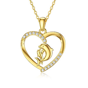 YDD 14K Solid Gold Dolphin Necklaces for Women Dolphin Mother Necklace Mom Necklace Heart Dolphin Pendant Mama Necklace Ocean Necklace Mom Gifts 16"-18"