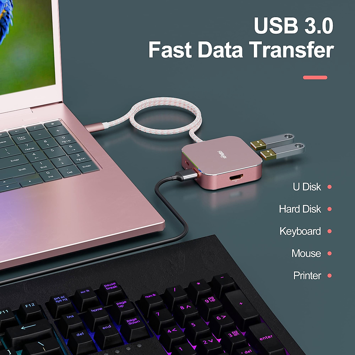 USB C to HDMI Multiport Adapter, fairikabe USB C Hub to 4K HDMI Power Delivery 3USB3.0, 5 in 1 USB C HDMI Hub with Long Cable 1.5FT, for MacBook Air, MacBook Pro and Other USB-C DP Alt Mode Devices