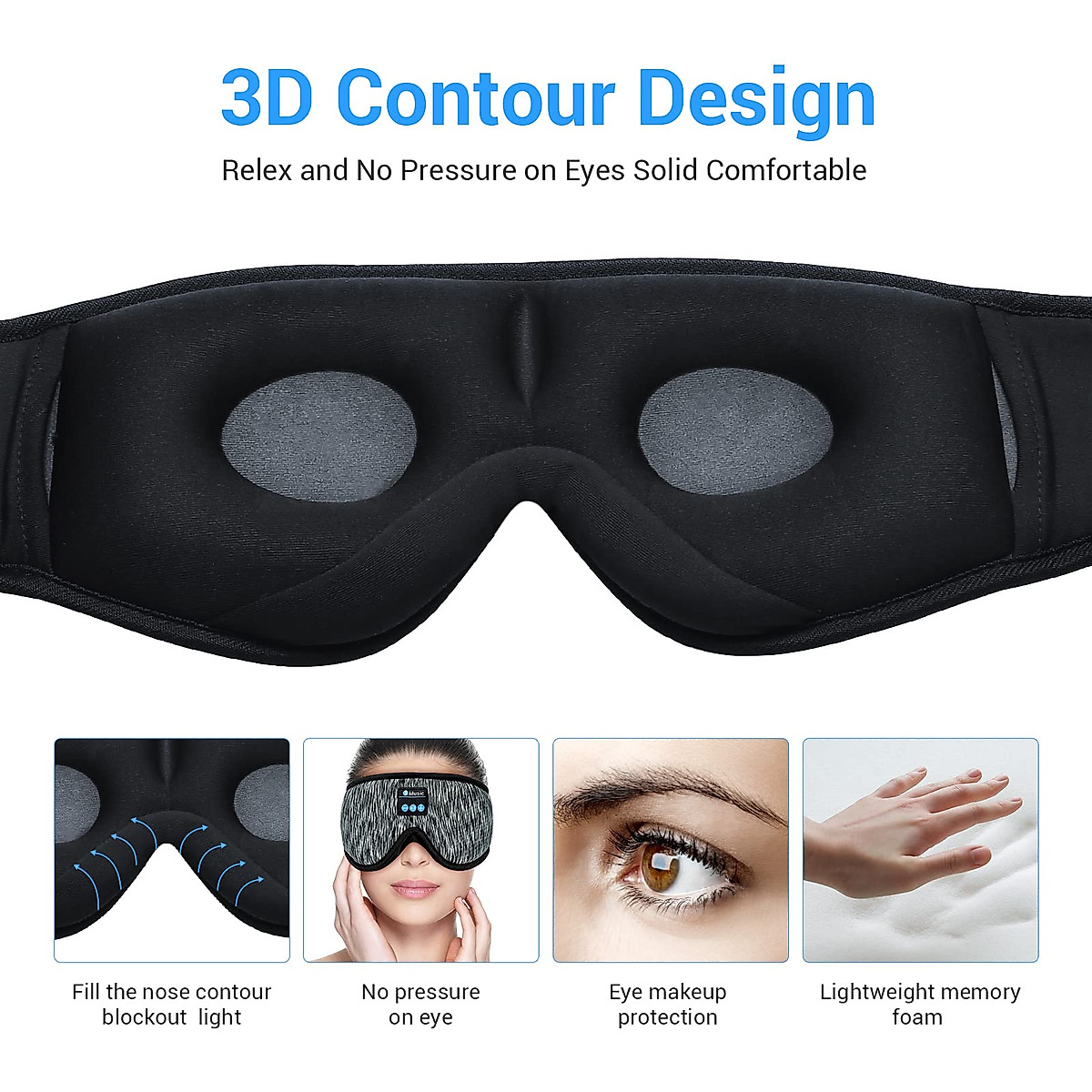 Bluetooth Sleep Eye Mask 3D Sleep Headphone with Headphones with Speakers and Microphone, Wireless Music Sleeping Eye Mask Washable Earbuds for Side Sleeper, Air Travel, Office Nap, Meditation (Grey)