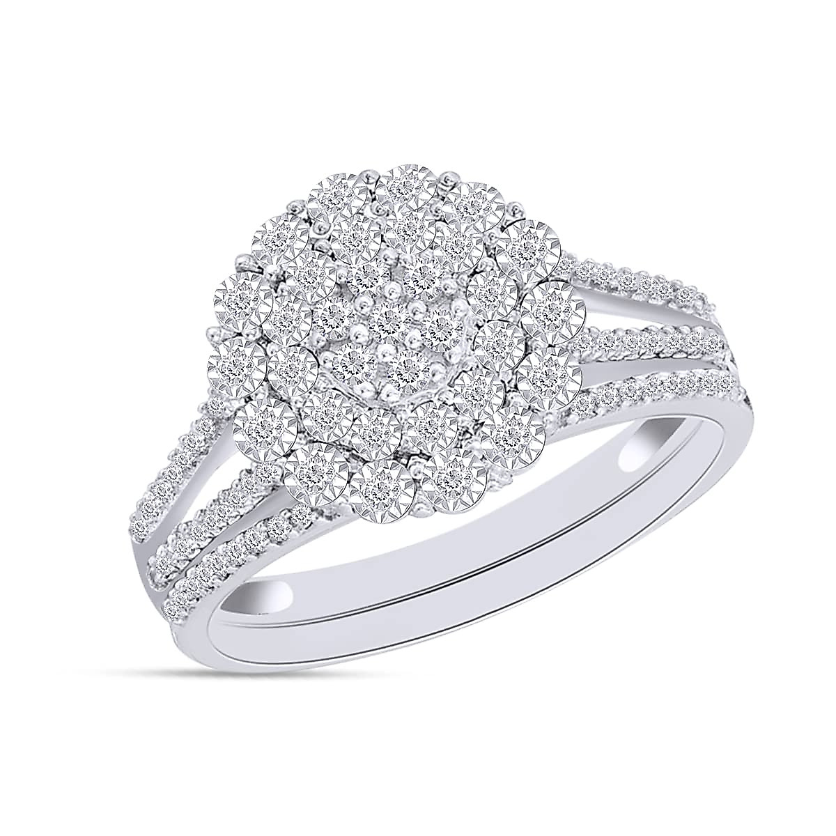 AFFY 1/4 Carat Round Cut Natural Diamond Flower Bridal Set Engagement Ring In 14K White Gold Over Sterling Silver (0.25 Cttw, I2-I3 Clarity), Ring Size-9