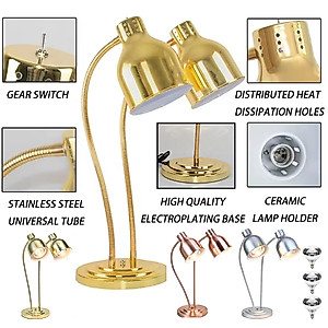 vhdurike 2-Head Food Warming Light, Countertop Food Heat Lamp, Commercial Food Warmer, Stainless Steel Catering Food Warming Lamp for Restaurant Kitchen,Gold