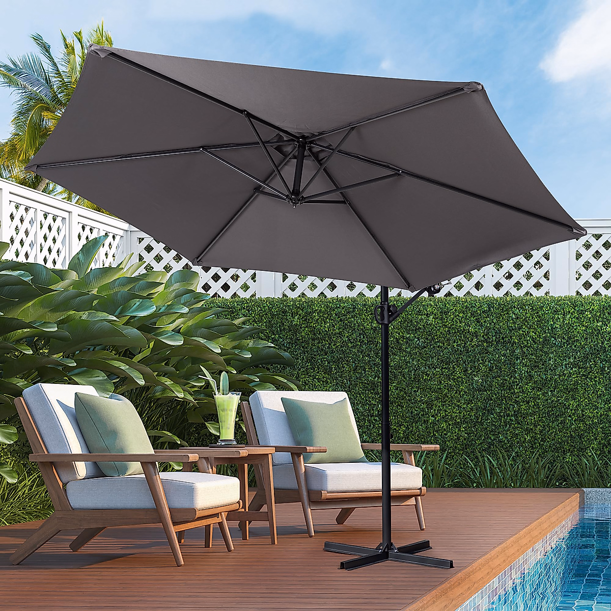 Shintenchi Patio Offset Umbrella with Easy Tilt Adjustment,Crank and Cross Base, Outdoor Cantilever Hanging Umbrella, Sunshade Umbrella Canopy, Dark Gray