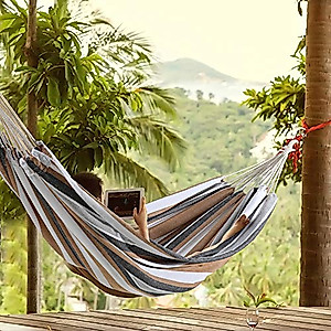 ROOITY Double Hammock Brazilian Hammocks with Portable Carrying Bag,Soft Woven Fabric, Up to 450 Lbs Hanging for Patio,Trees,Garden,Backyard,Porch,Outdoor and Indoor XXX-Large Brown&Grey Stripe