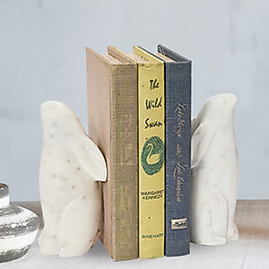 Creative Co-Op Handcarved Rabbit Marble, White, Set of 2 Bookends, 3" L x 5" W x 7" H