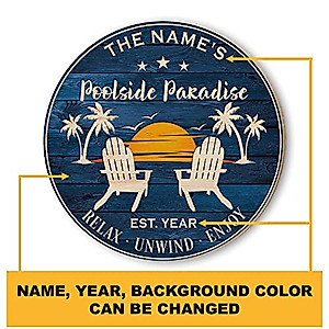 MUCHNEE Personalized Funny Swimming Pool Zone Printed Sign for Backyard Paradise Patio Oasis Waterfront - Relax Unwind Enjoy Round Wood Plaque Indoor Decorations - Gift for Birthday Housewarming