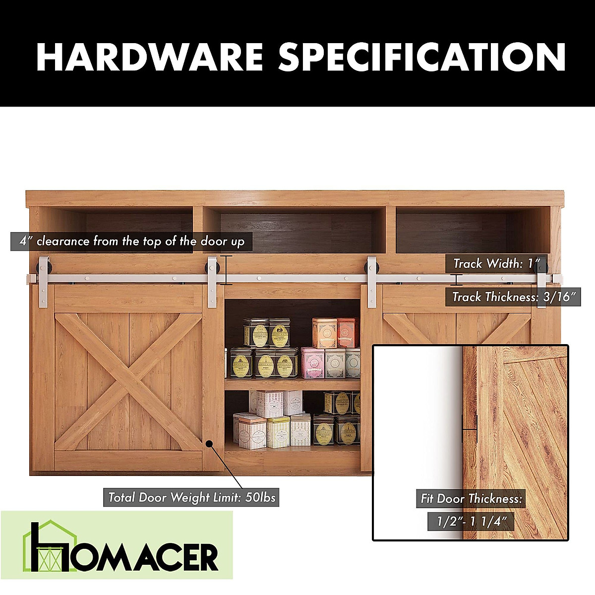 Homacer Mini Brushed Nickel Non-Bypass Sliding Barn Door Hardware Kit, for Two/Double Doors, 60-inch Long Flat Track, Classic Design Roller, Cabinet TV Stand Console Use…