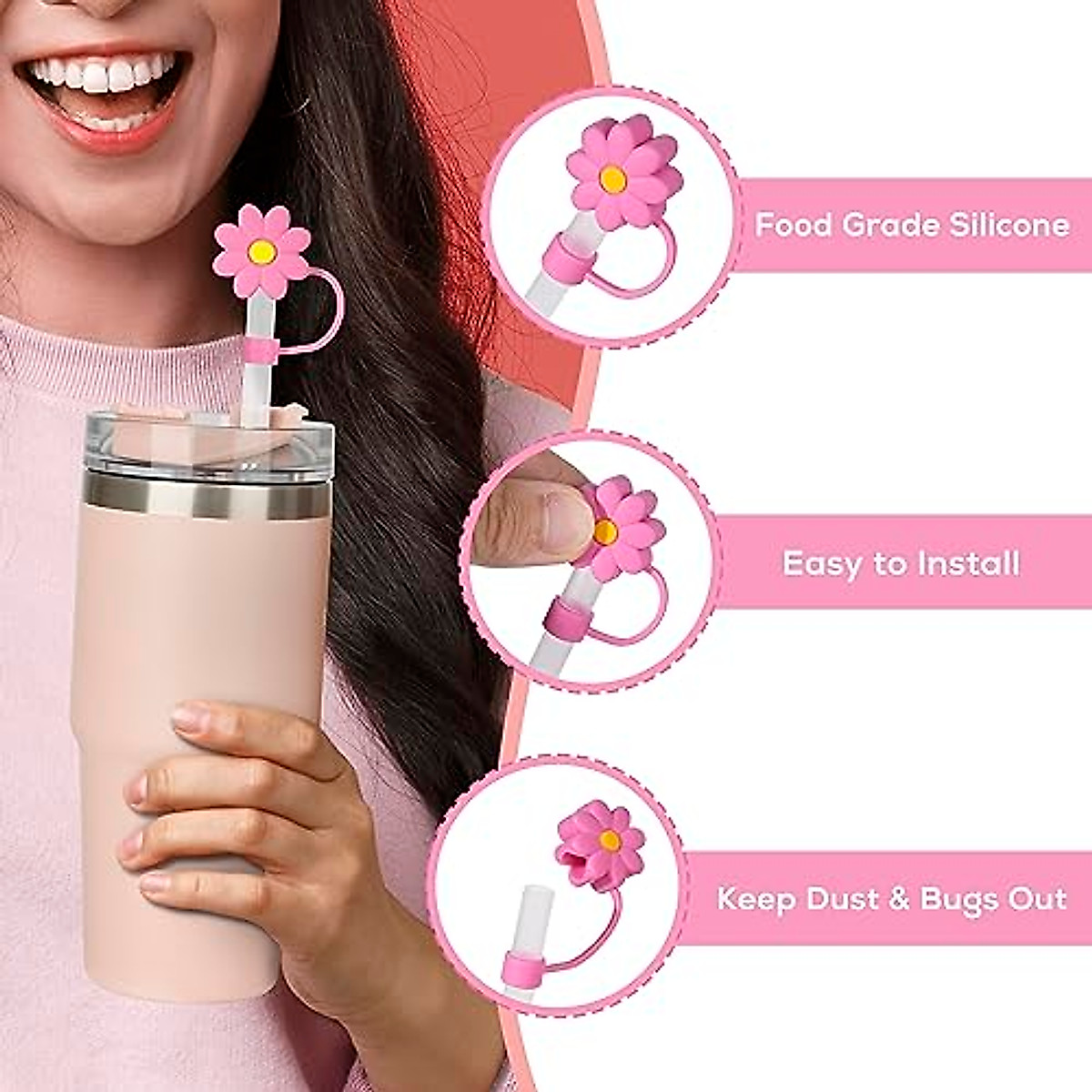 [12 Pack] Straw Cover Cap 10MM for Stanley Cup Adventure Quencher 40oz, Reusable Silicone Stopper tips for Stanley Tumbler 30oz, 20oz,12oz Accessories, Fits 10mm/0.4 inch Drinking Straws (Flowers)