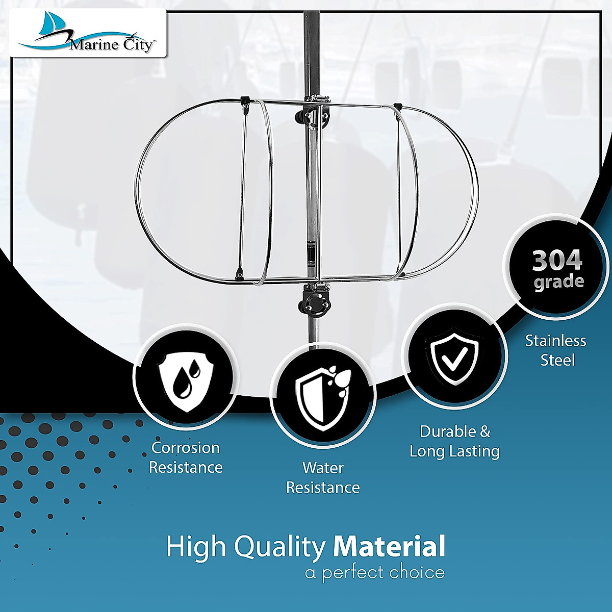 MARINE CITY Stainless-Steel Double Strong and Durable Fender Rack Gloss Finish Easy Use Holder with Stanchion Clamps 11 Inches Diameter Fender for Marines – Boats – Ships – Kayaks (Pack of 1)