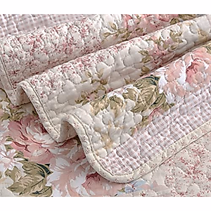 Chezmoi Collection Rosy 3-Piece Printed Patchwork Cotton Quilt Set - Pink Flower Floral Striped Polka Dots - Stone Washed Lightweight Bedspread, Queen Size