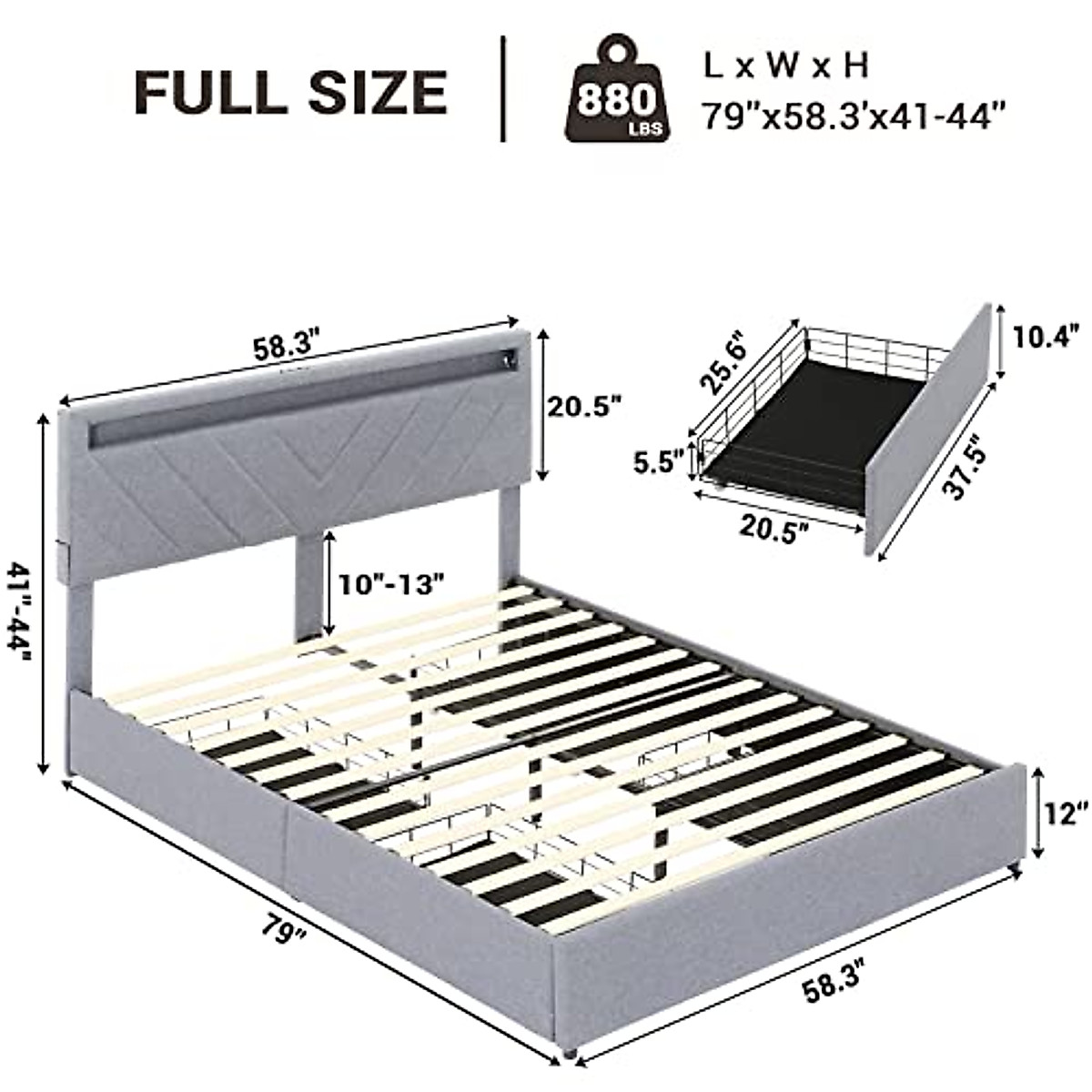 ADORNEVE LED Full Size Bed Frame with Storage Drawers, Upholstered Platform Bed Frame Full with LED Lights and Charging Station, Sturdy Wooden Slats Support, No Box Spring Needed, Light Grey