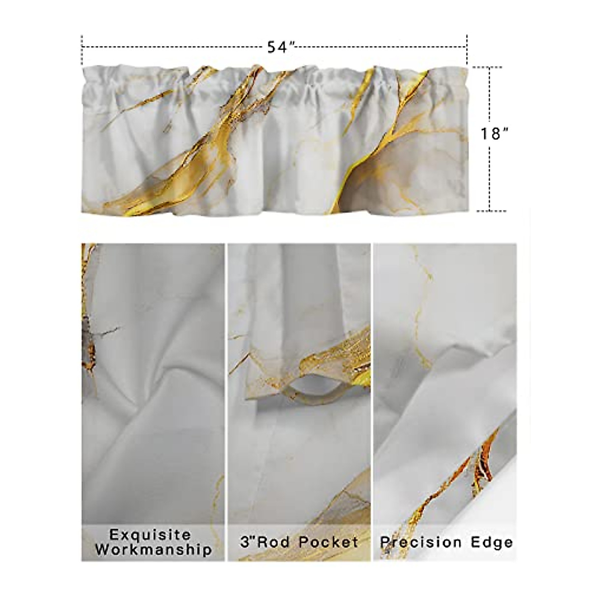 Yun Nist Window Valance Curtain Abstract White Marble Gold Stripe Valances for Kitchen Windows,Modern Geometry Art Rod Pocket Short Curtains for Bedroom,Bathroom,Living Room 60x18Inch
