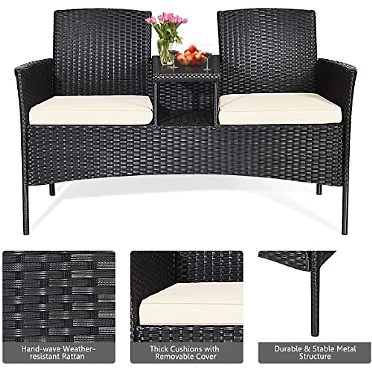 HAPPYGRILL Patio Rattan Loveseat Outdoor Porch Furniture PE Wicker Loveseat with Coffee Table Conversation Sofa with Cushions for Garden Lawn Backyard Poolside
