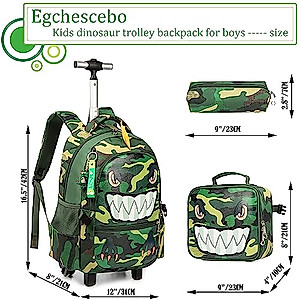 Egchescebo Kids Shark Rolling Backpack for Boys Suitcases Trolley Backpacks with Wheels Roller Luggage Backpacks Wheels with Lunch Box Pencil Case for Elementary Boys Travel School Bag Green