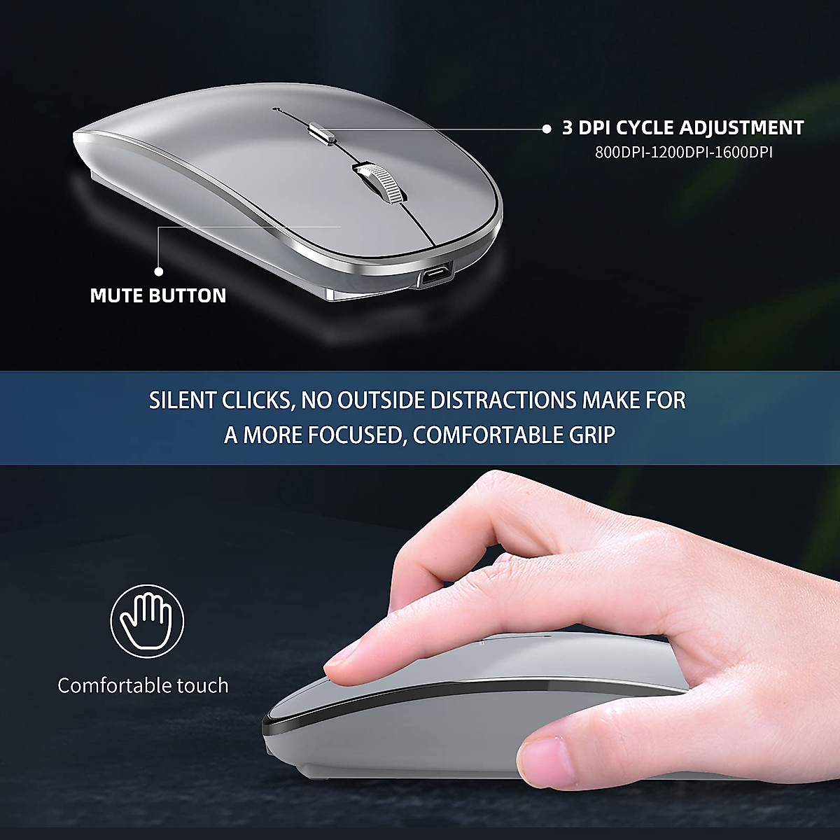 Halpilt Wireless Mouse Chargeable Portable Silent Wireless Mouse USB and Type-C Dual Mode Wireless Mouse 3 Adjustable DPI for Laptop, Mac, MacBook, Android, PC (Q23S Black) (Grey)