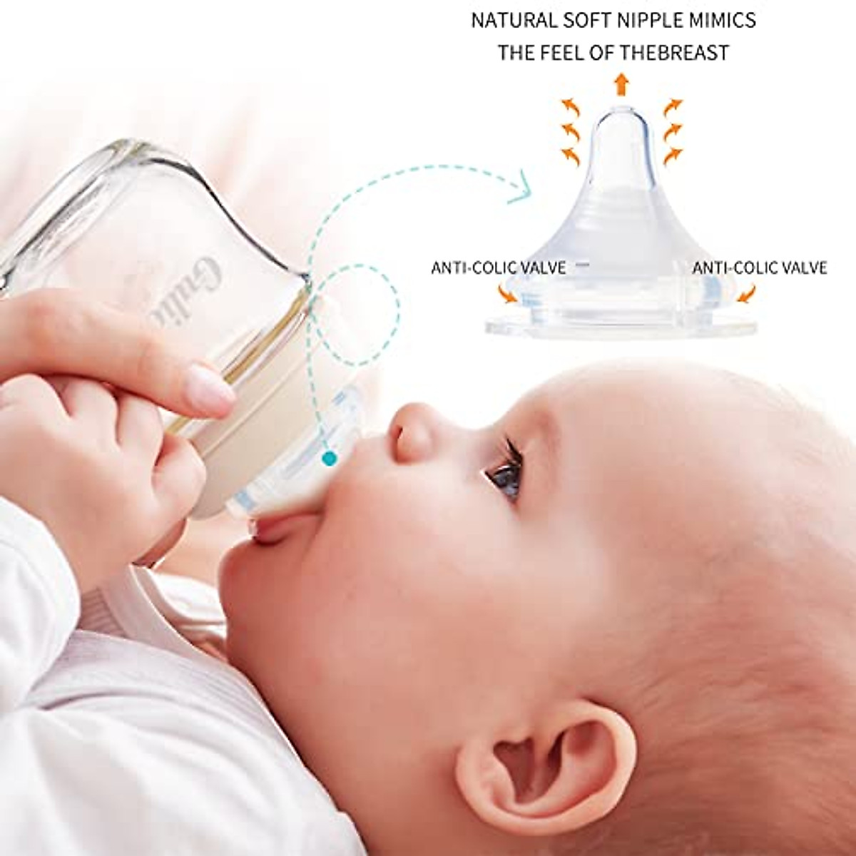 Gulicola Natural Glass Baby Bottle for Breastfed Babies, Medium Flow, Anti-Colic, 3 Months+, 5oz, 2 Count(Grey White)