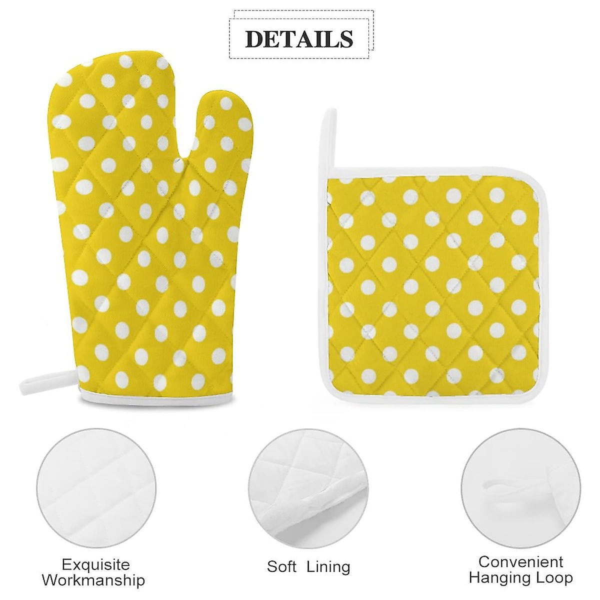 4PCS Oven Mitts Glove Kitchen Heat Resistant Pot Holders Set Lemon Yellow Polka Dot Pattern Kitchen Microwave Oven Gloves Mitts Anti-Scald Baking Cooking Gloves