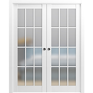 SARTODOORS Sliding French Double Pocket Doors 60 x 80 inches Frosted Glass 12 Lites | Felicia 3312 Matte White | Kit Trims Rail Hardware | Solid Wood Interior Bedroom Sturdy Doors