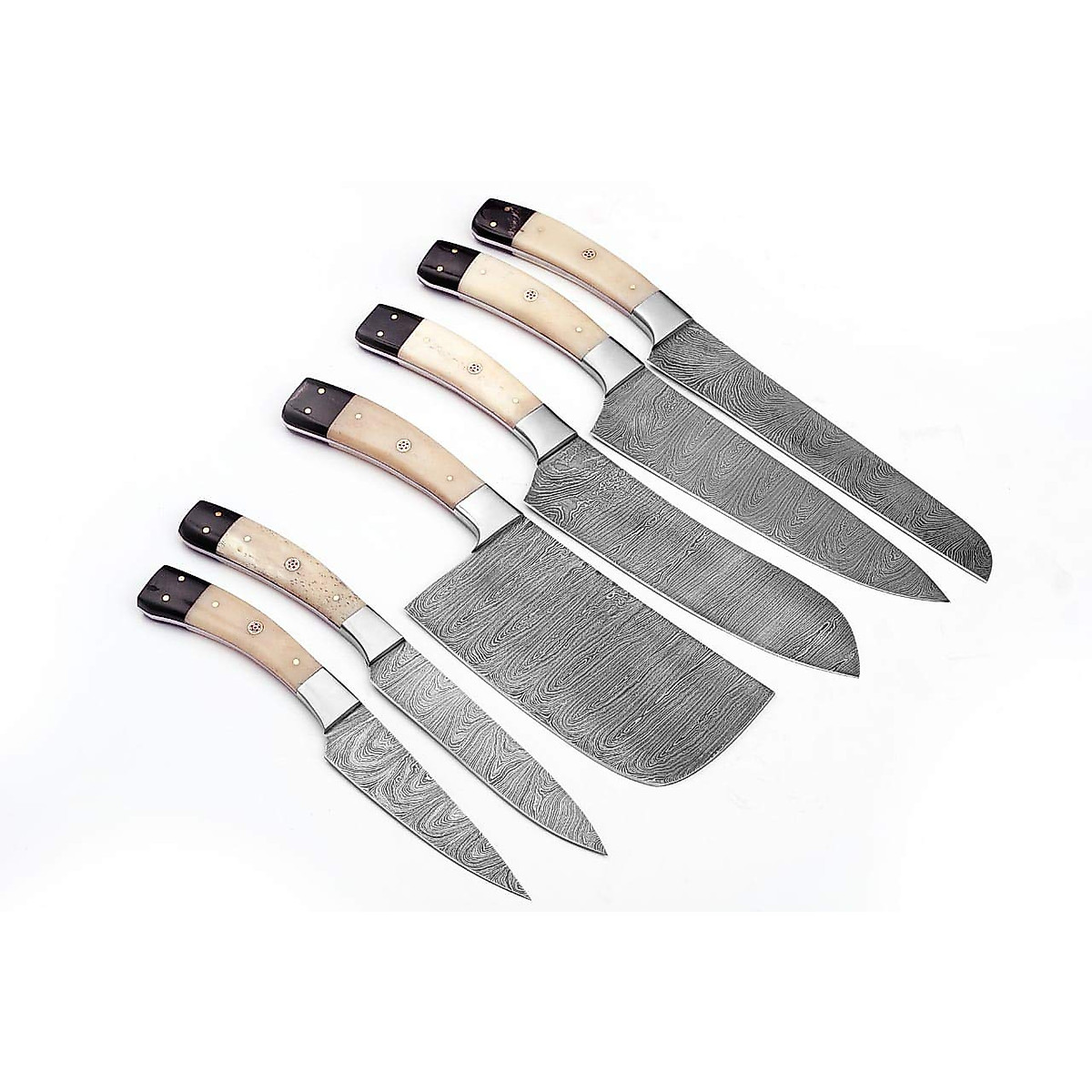 GladiatorsGuild G28B- Professional Kitchen Knives Custom Made Damascus Steel 6 pcs of Professional Utility Chef Kitchen Knife Set with Chopper/Cleaver Black Horn (at end) G28B (White Bone)